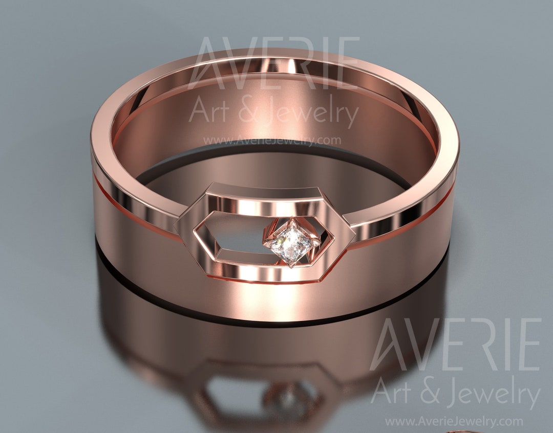 14k Rose Gold Hexagon Bridal Rings Set With a Diamond | Princess Cut ...