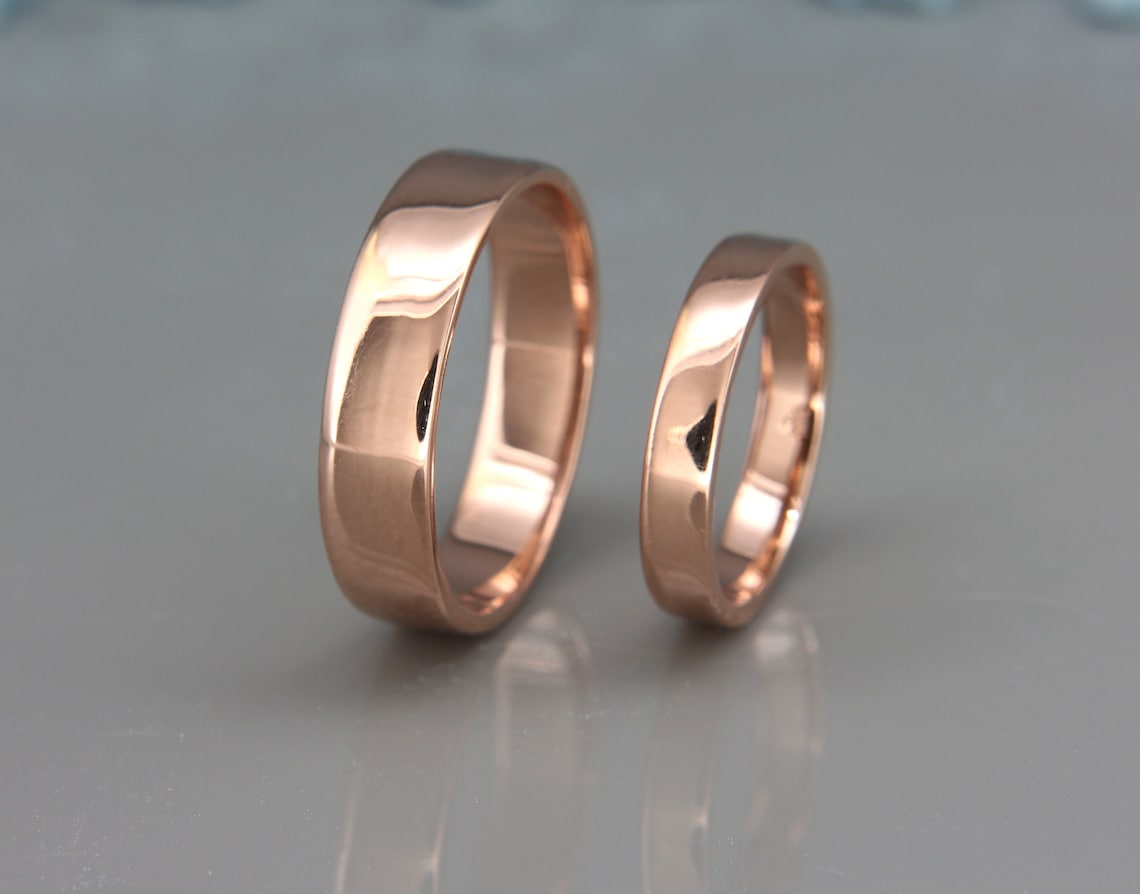 Solid 14K Rose Gold Wedding Bands Set Handmade Wedding Rings - Etsy