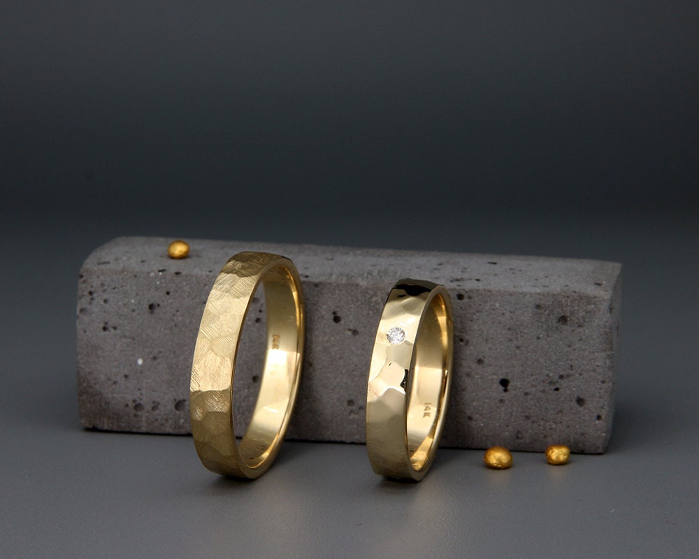 14K Gold Faceted Wedding Rings Set Handmade Textured Faceted - Etsy Israel