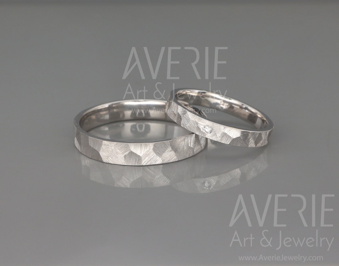 Solid Platinum Faceted Wedding Rings Set With a Diamond | Handmade ...