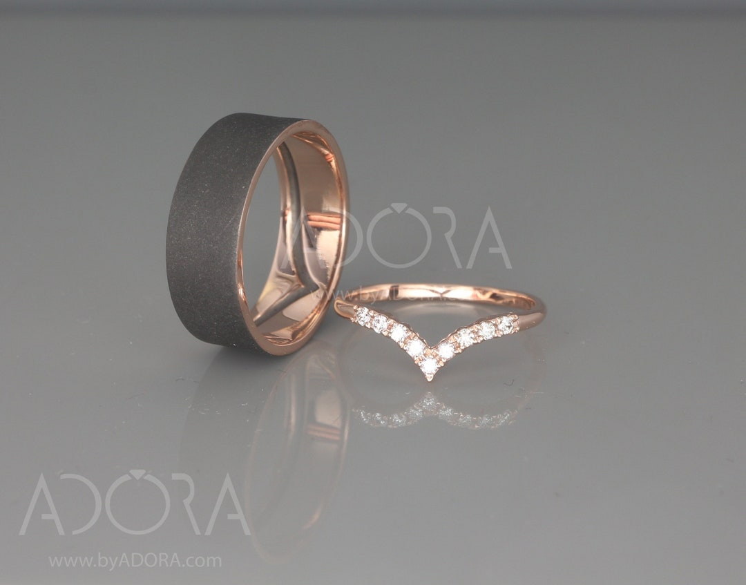 14K Rose Gold Wish Bone Wedding Rings Set With Diamonds | Diamond ...