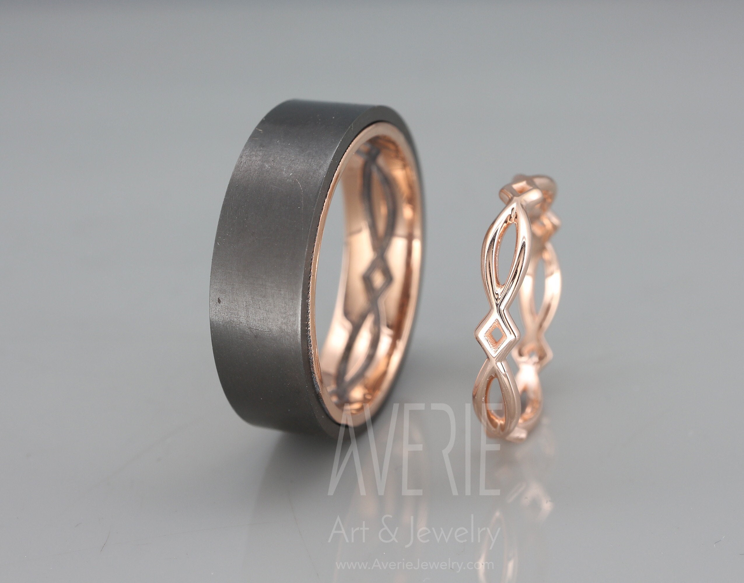 Black Zirconium & 14k Rose Gold Wedding Bands Set With Matte Finish ...
