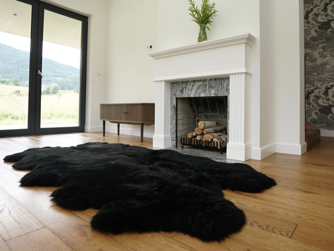 GIANT Rug FOUR SHEEPSKIN Black Throw Genuine Leather Sheep Skin ...