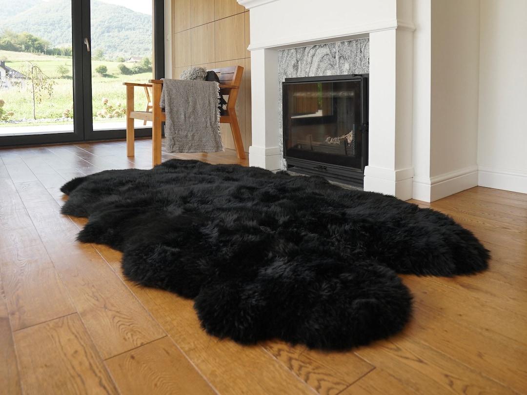 GIANT Rug FOUR SHEEPSKIN Black Throw Genuine Leather Sheep Skin ...