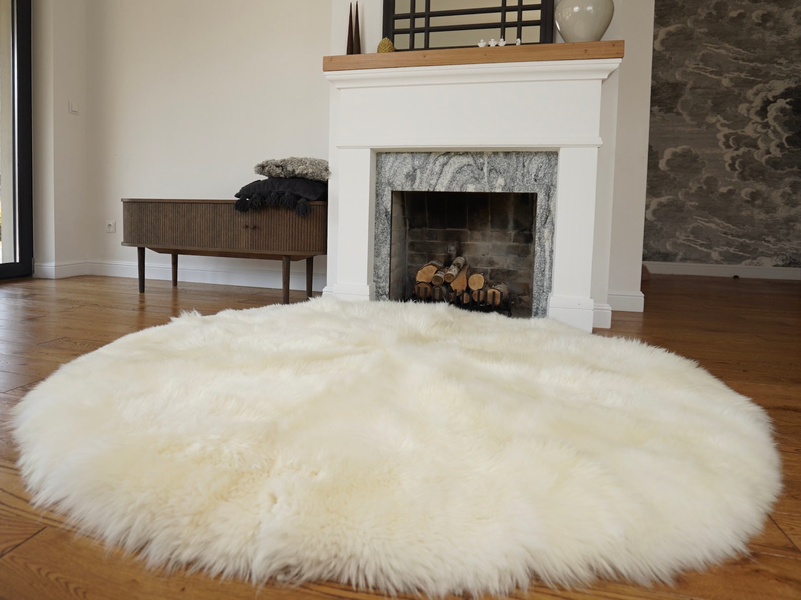 GIANT SHEEPSKIN Round White Throw Genuine Leather Sheep Skin 74 ...
