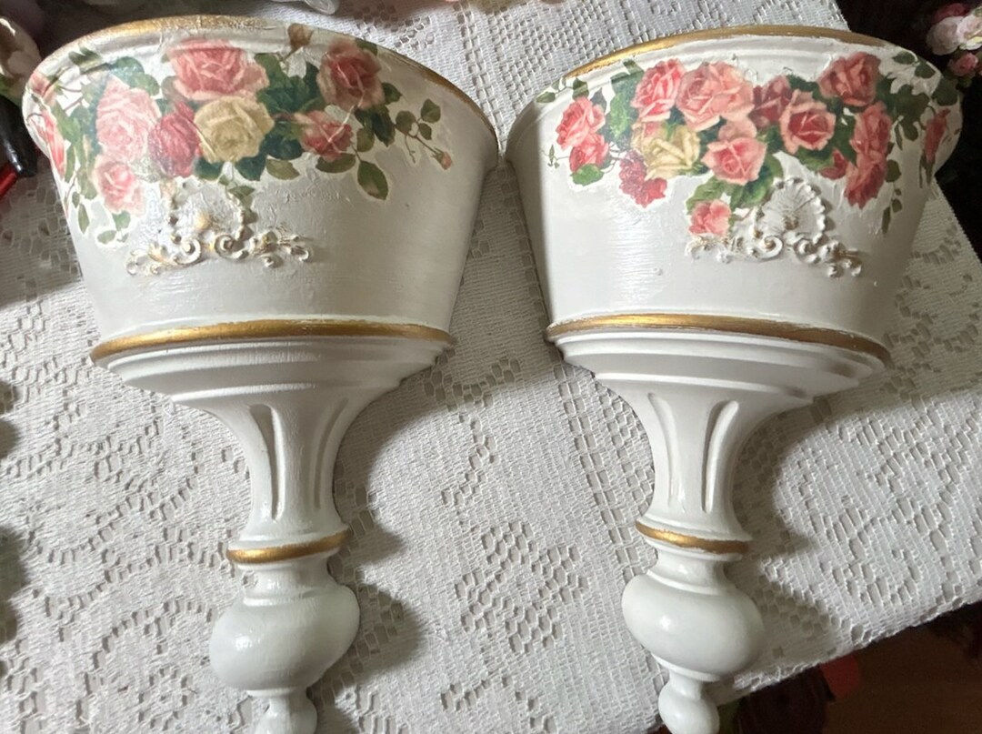 Vintage Hard Plastic Wall Pockets Painted White With Roses - Etsy