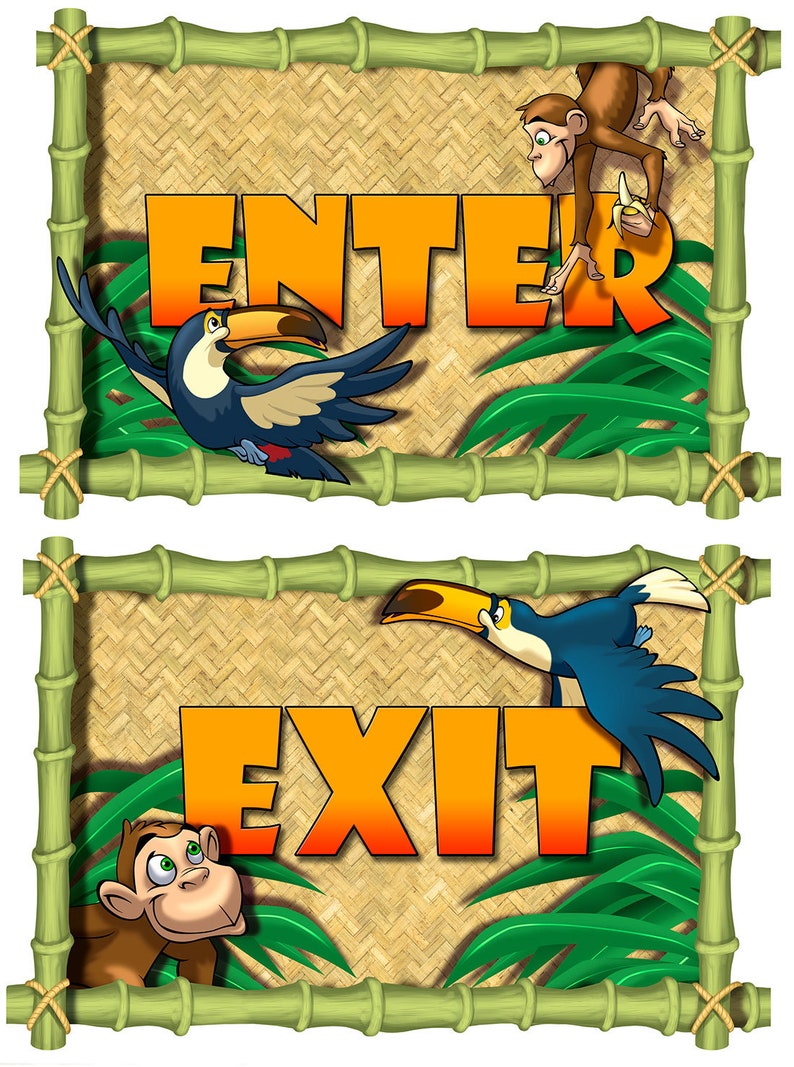 Jungle Birds and Monkeys Themed Entrance and Exit Door Signs Reusable ...