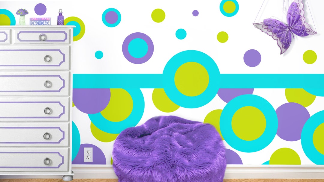 Teal, Green and Purple Circles Peel and Stick Wainscot Wallcovering ...