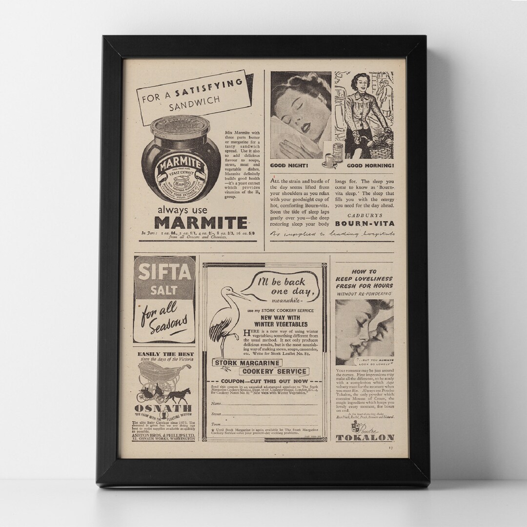 Marmite & Cadbury's Vintage 1946 Multi-listing Advert Poster, Framed or ...