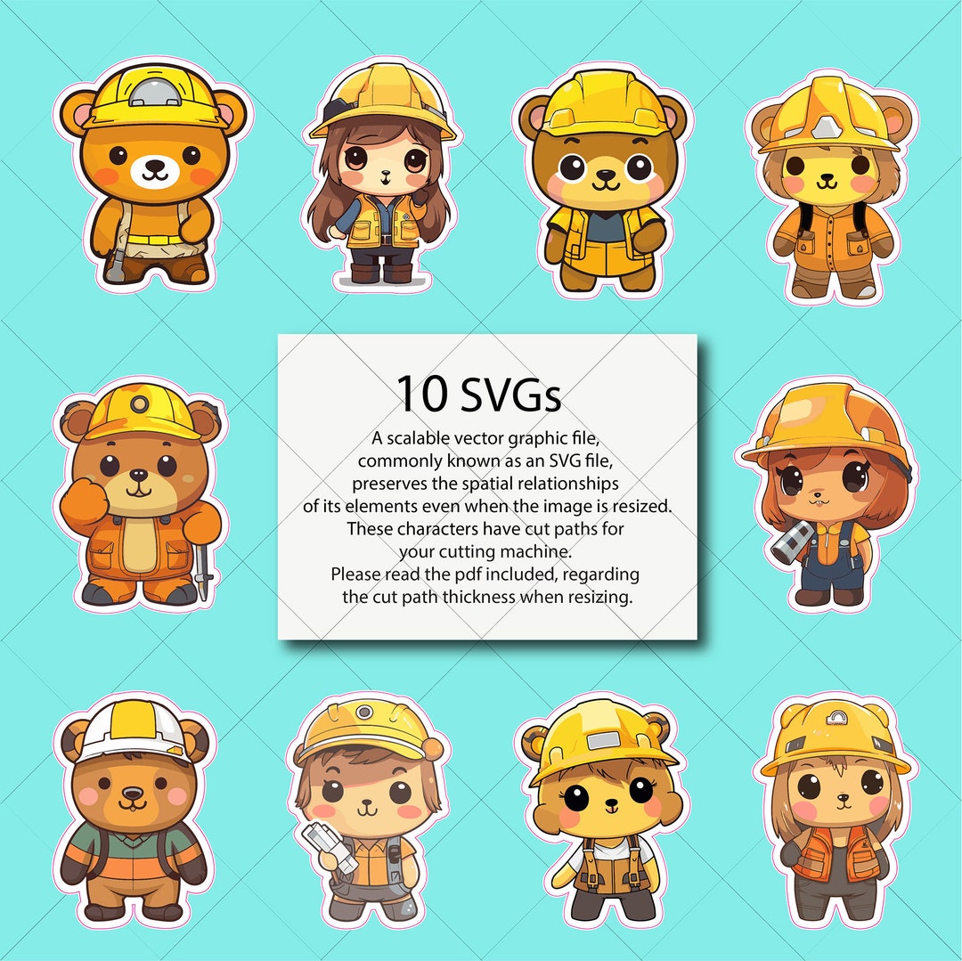 Adorable Construction Worker Bear Sticker Bundle 10 Printable SVG, PNG ...