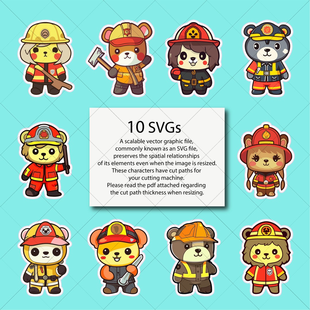 Adorable Firefighter Bear Sticker Bundle - 10 Printable SVG, PNG, JPG ...