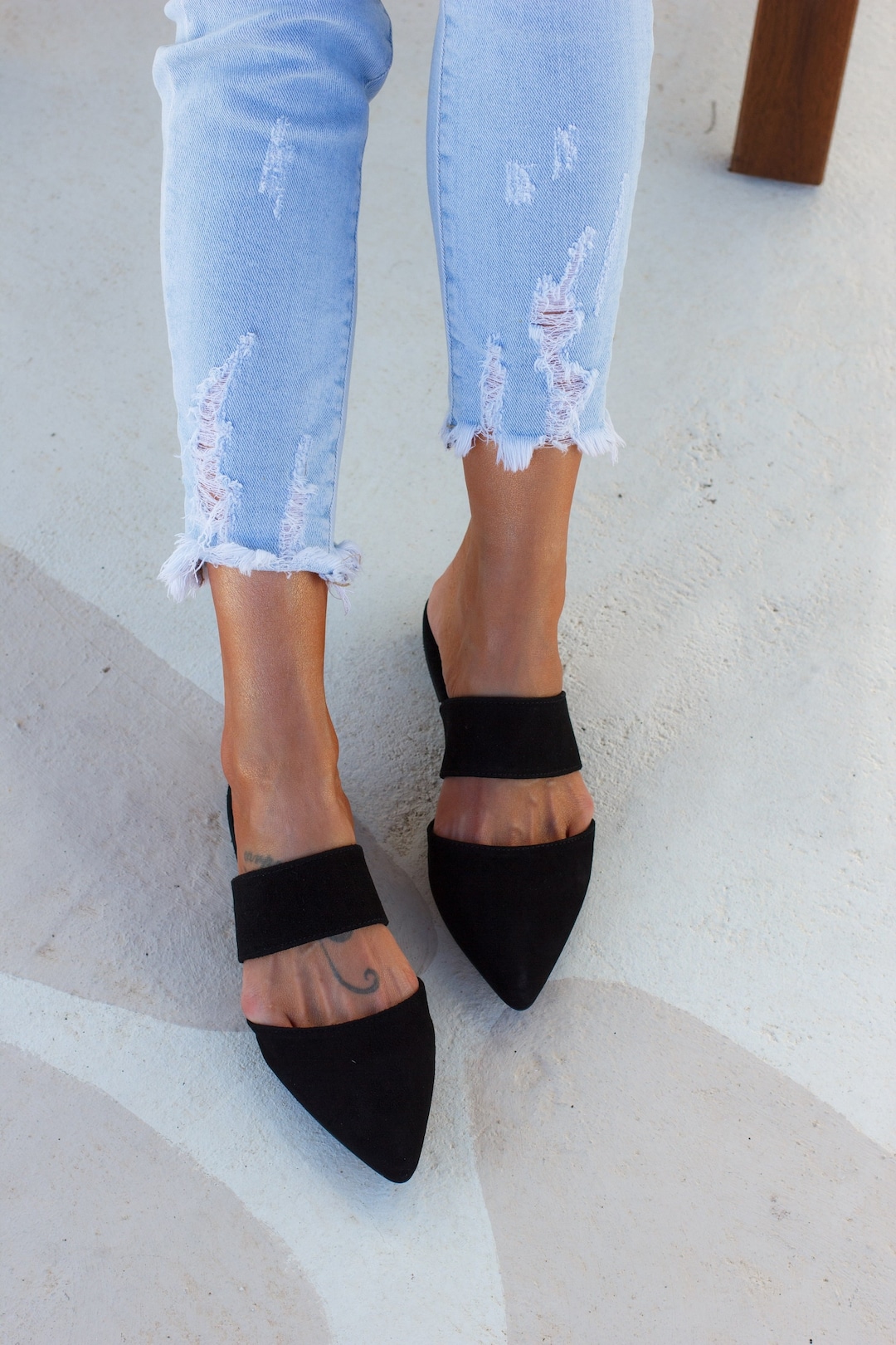 Women’s Suede Pointed-toe Mules – Black, Slip-on, Instep Strap, Leather ...