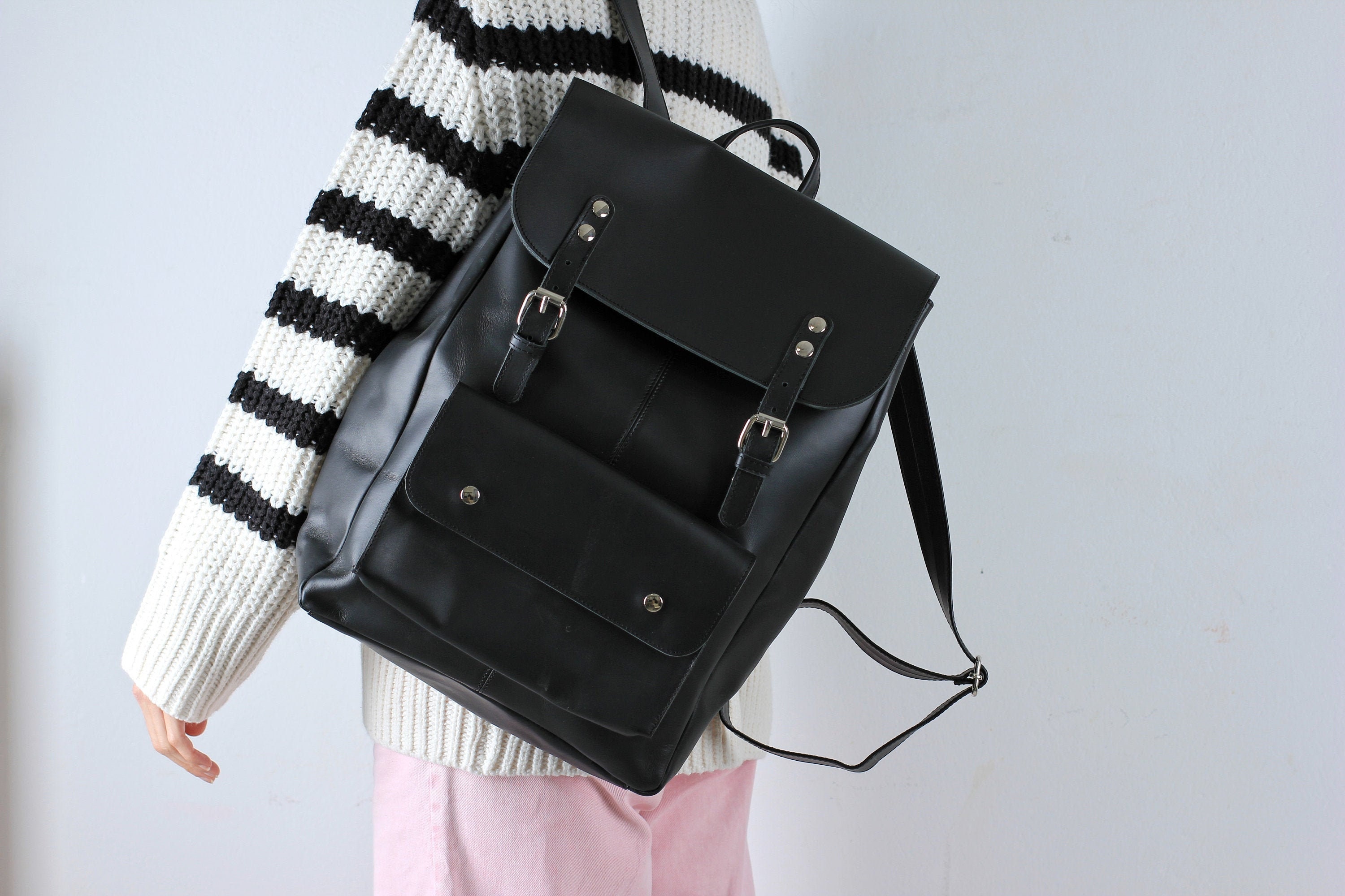 Black Leather Backpack Black Rucksack Womens Laptop | Etsy