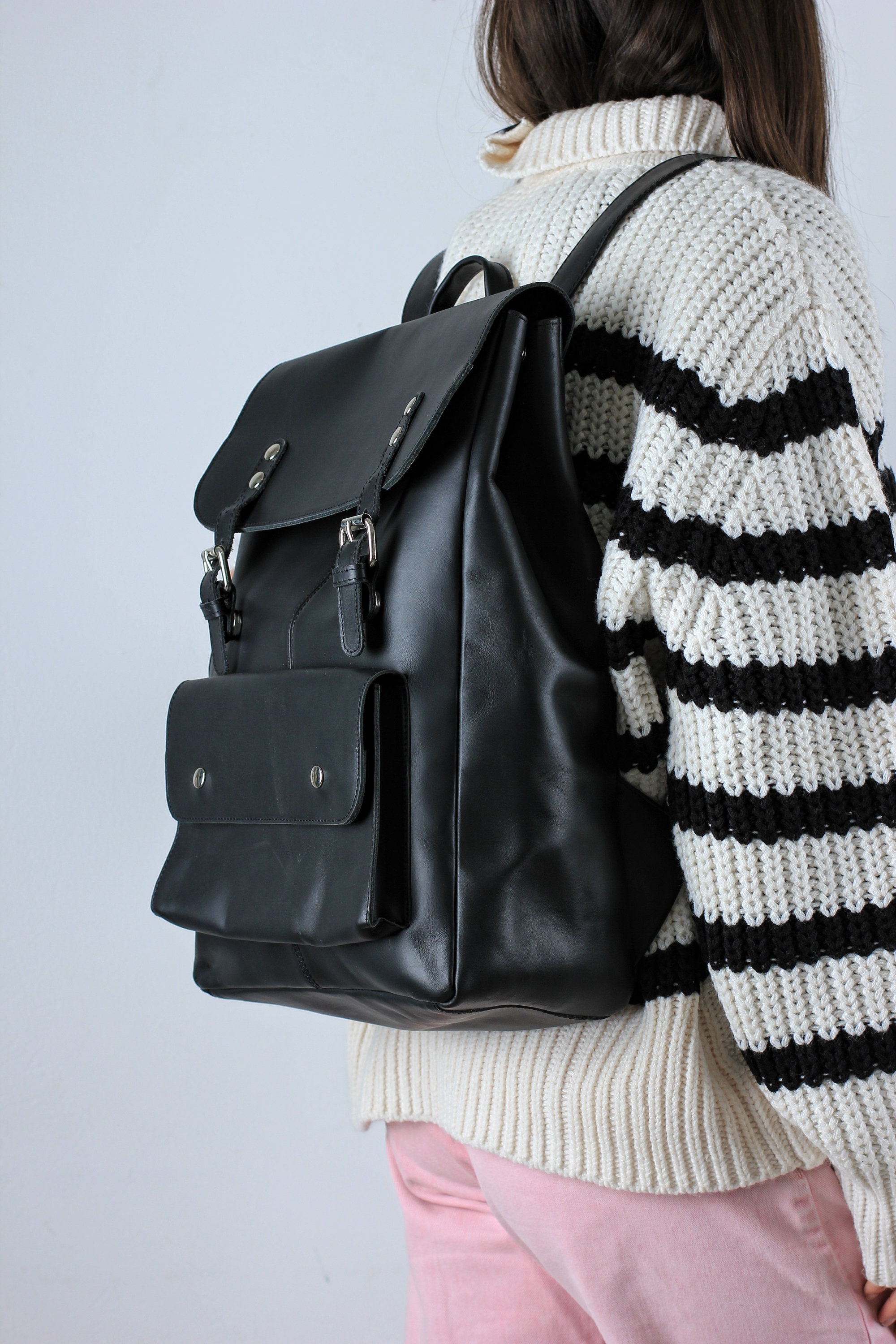 Black Leather Backpack Black Rucksack Womens Laptop | Etsy