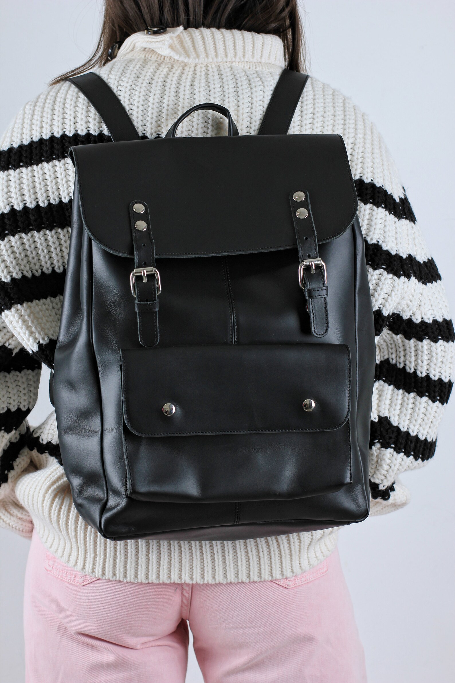 Black Leather Backpack Black Rucksack Womens Laptop | Etsy