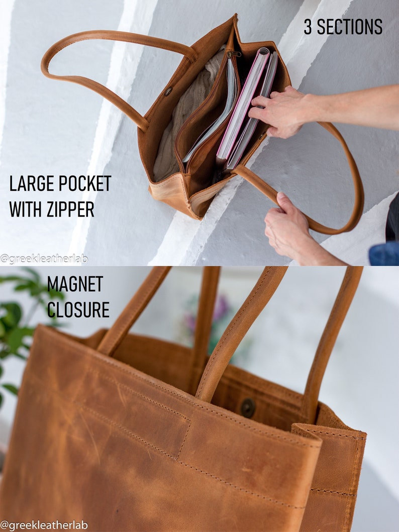 Leather Tote Bag With Magnet Closure Large Leather Shopping - Etsy