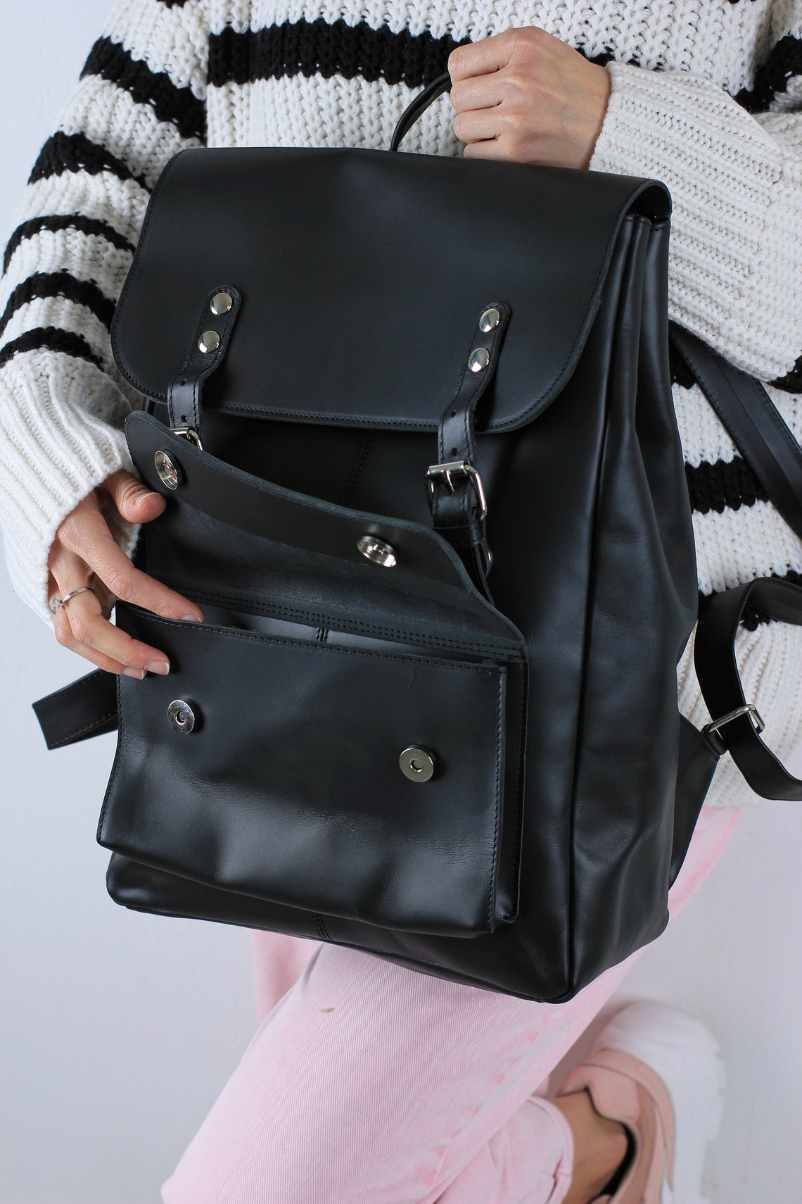 Black Leather Backpack Black Rucksack Womens Laptop | Etsy