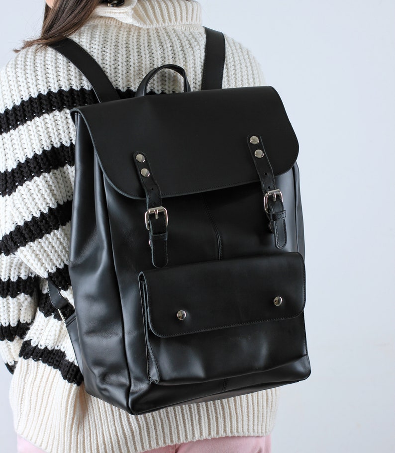 Black Leather Backpack Black Rucksack Womens Laptop | Etsy