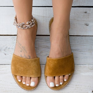 Suede Slides, Women Greek Sandals, Leather Slides, Handmade Sandals ...