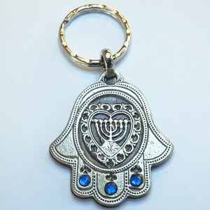 3 Gems Keychain Hamsa Menorah Within Heart Love Keyring Hebrew ...