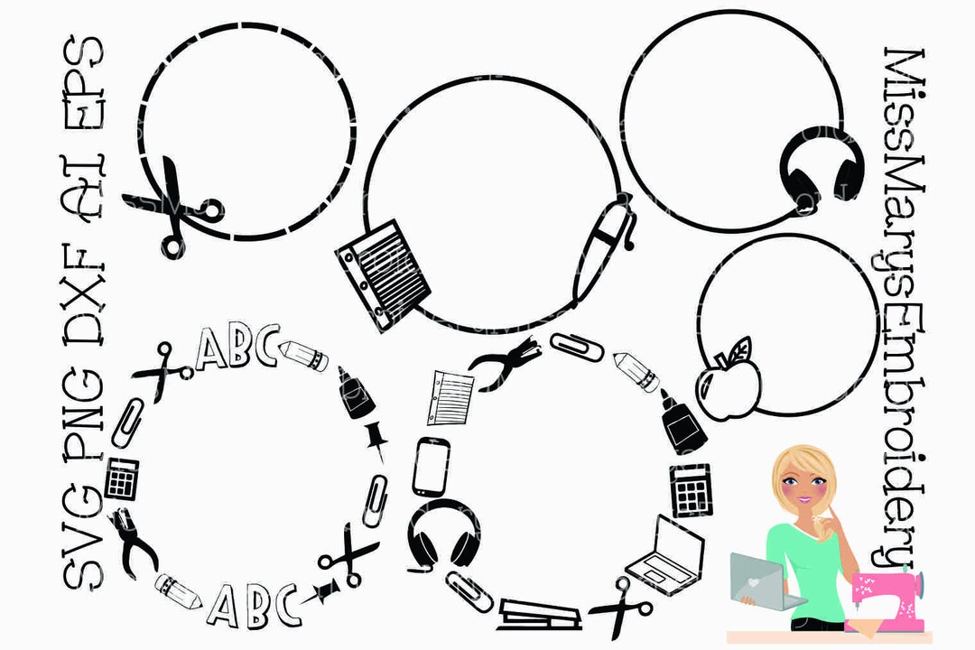 SVG School Supply Monogram Frame Cutting File DXF, AI Commercial ...