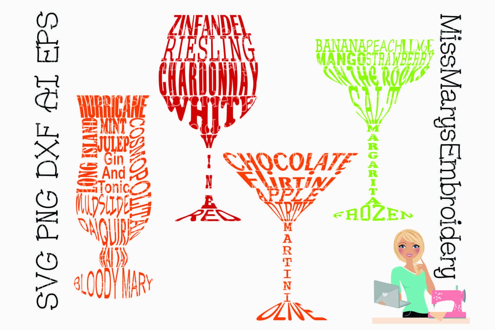 SVG Drinks Word Martini Wine Margarita Cocktail Cutting File DXF, AI ...