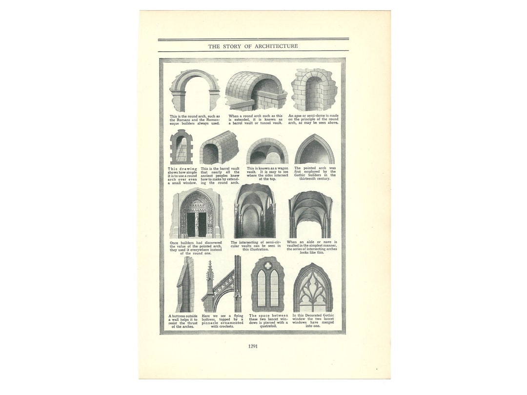 Vintage 1930's Architecture History Print. Roman Gothic Arch Buttress ...