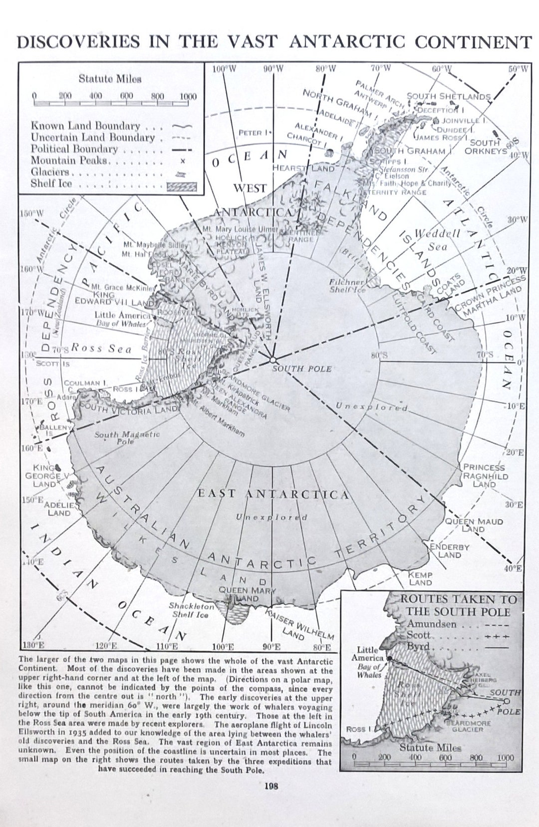 Antarctic Exploration Map Vintage 1940s Print. Explorer Routes South ...