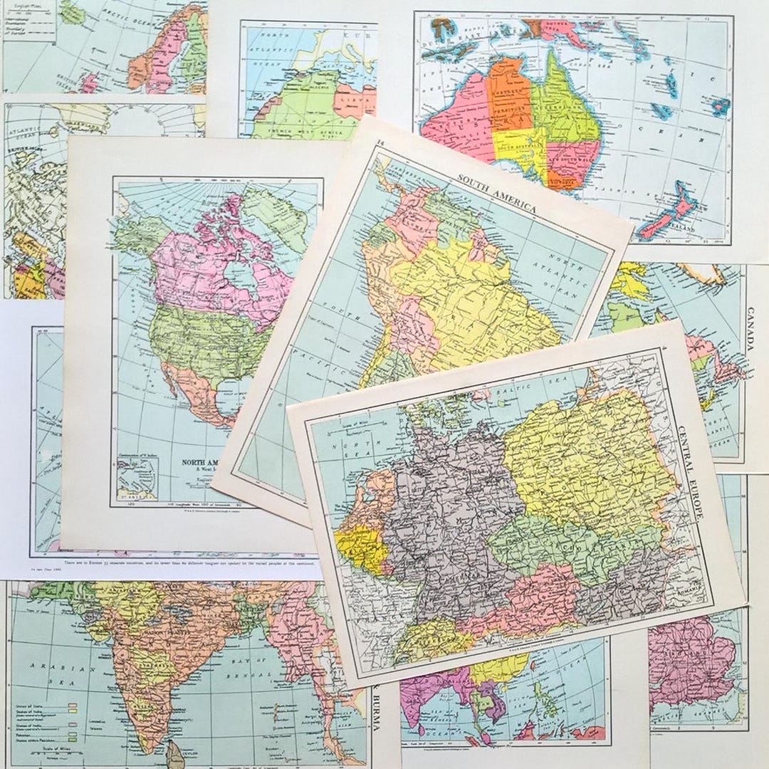 Lot of 12 Vintage Colour Maps of the World Prints. 1930s to 1950s ...