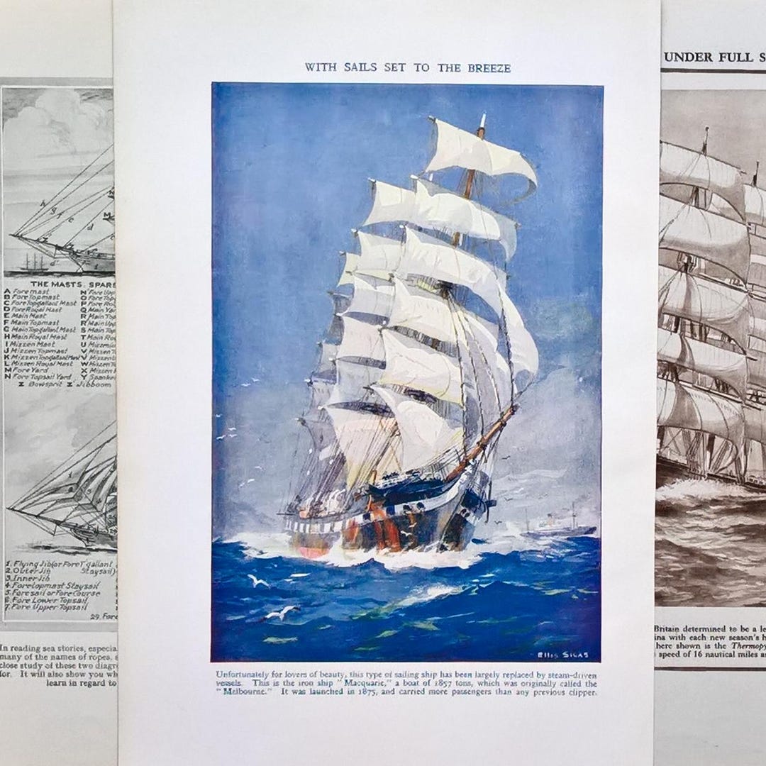 3 X Vintage Sailing Ship Prints. 1930s to 1940s. Genuine Original ...