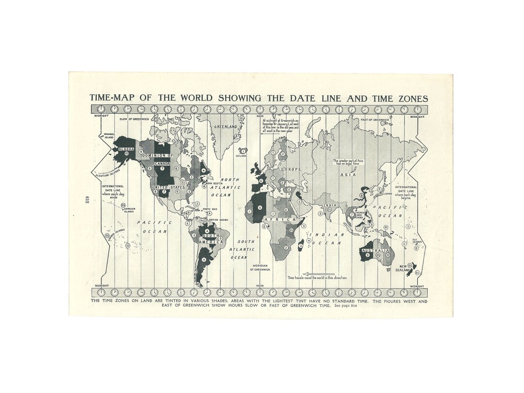 Time Zone World Map 1920s Vintage Print. Greenwich Meridian USA America ...
