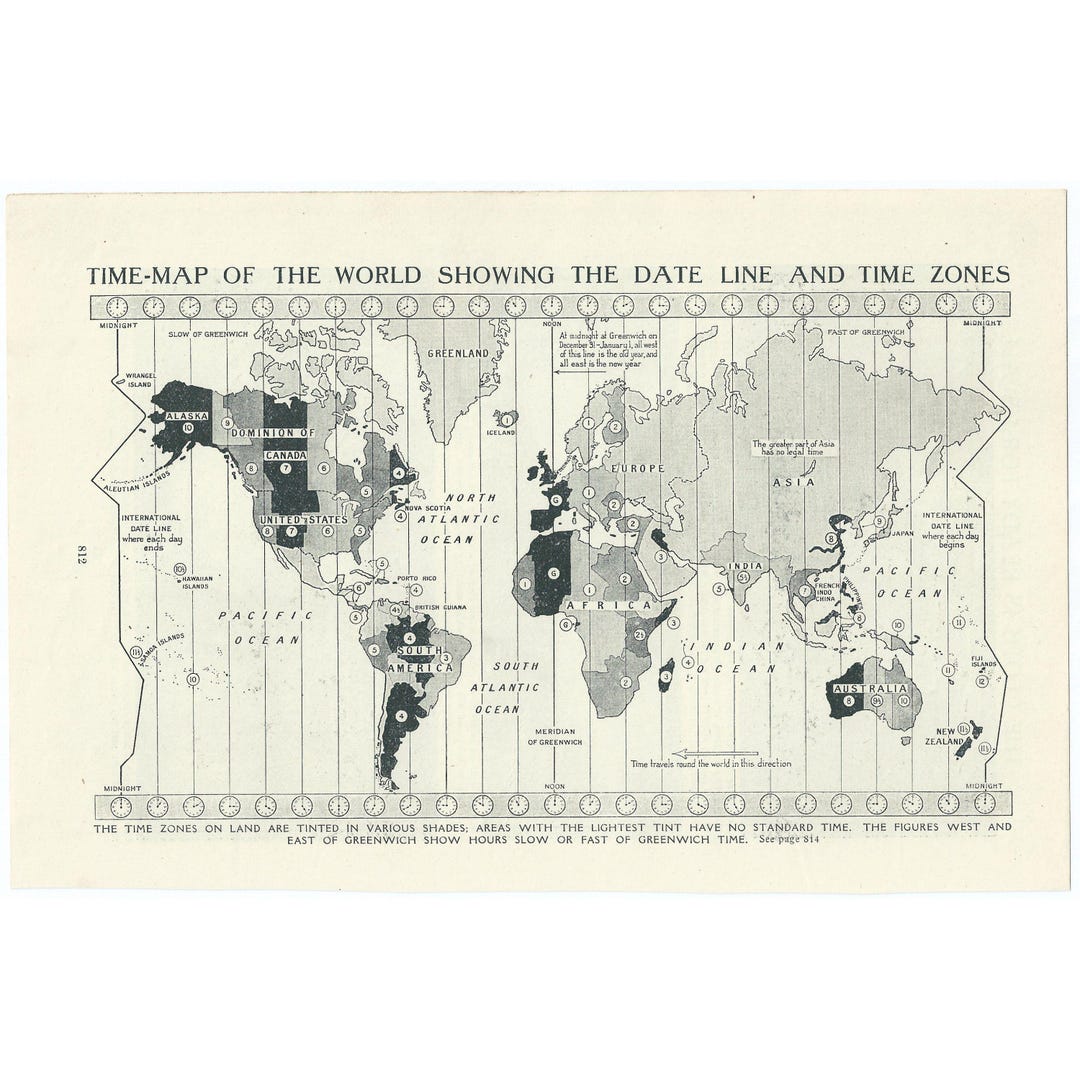 Time Zone World Map 1920s Vintage Print. Greenwich Meridian USA America ...