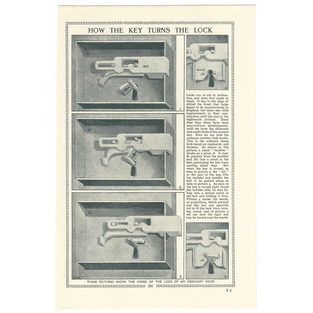 Key and Lock Vintage 1920's Print. Diagrams Pictures Art Drawings ...