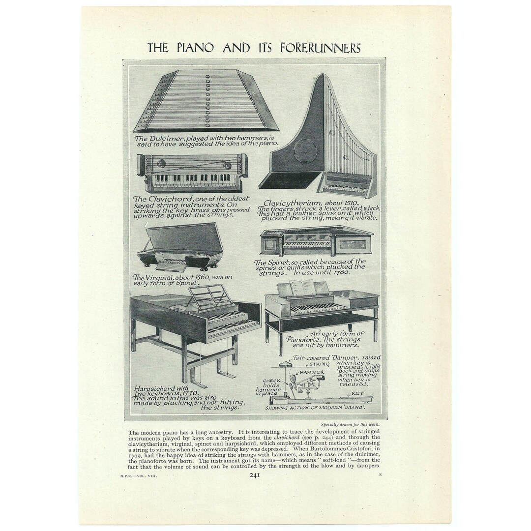 History of Pianos Vintage 1940's Print. Music Gift Dulcimer Clavichord ...