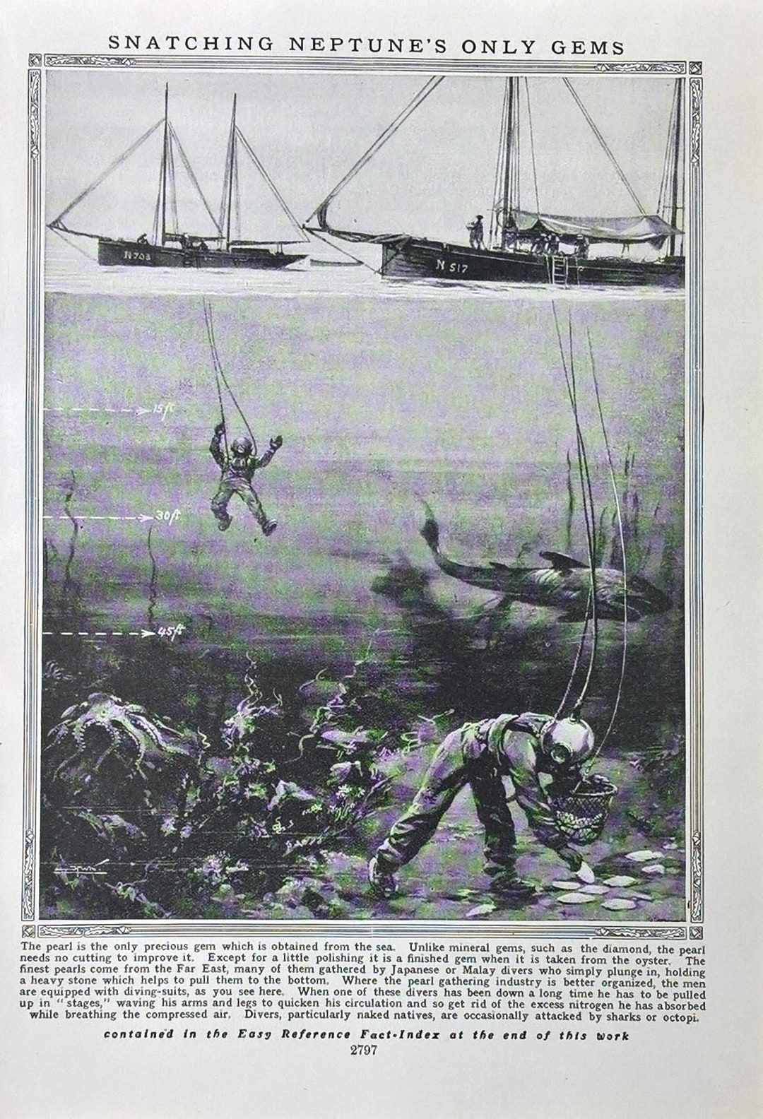 Vintage 1920's Deep Sea Pearl Divers Lithograph Art Print. Genuine ...