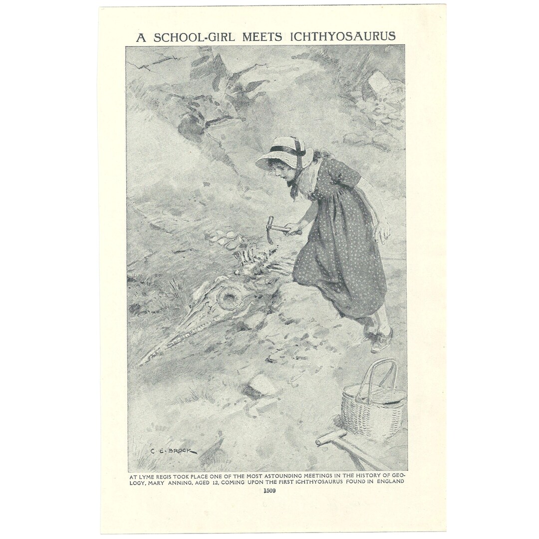 Original 1920's Print. A School Girl Meets Ichthyosaurus. Dinosaur ...