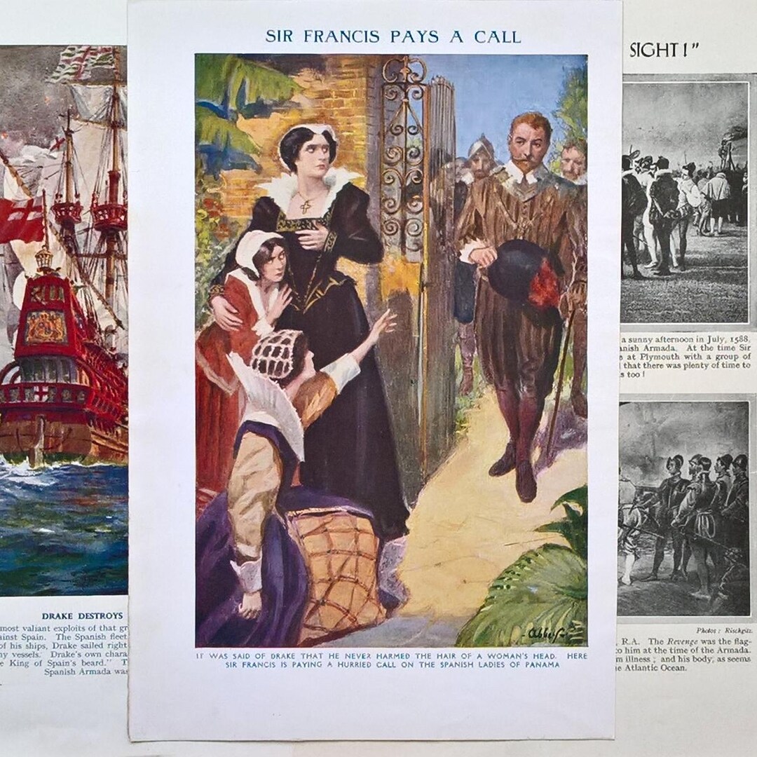 Sir Francis Drake 3 X Vintage Prints. English British History Art Decor ...