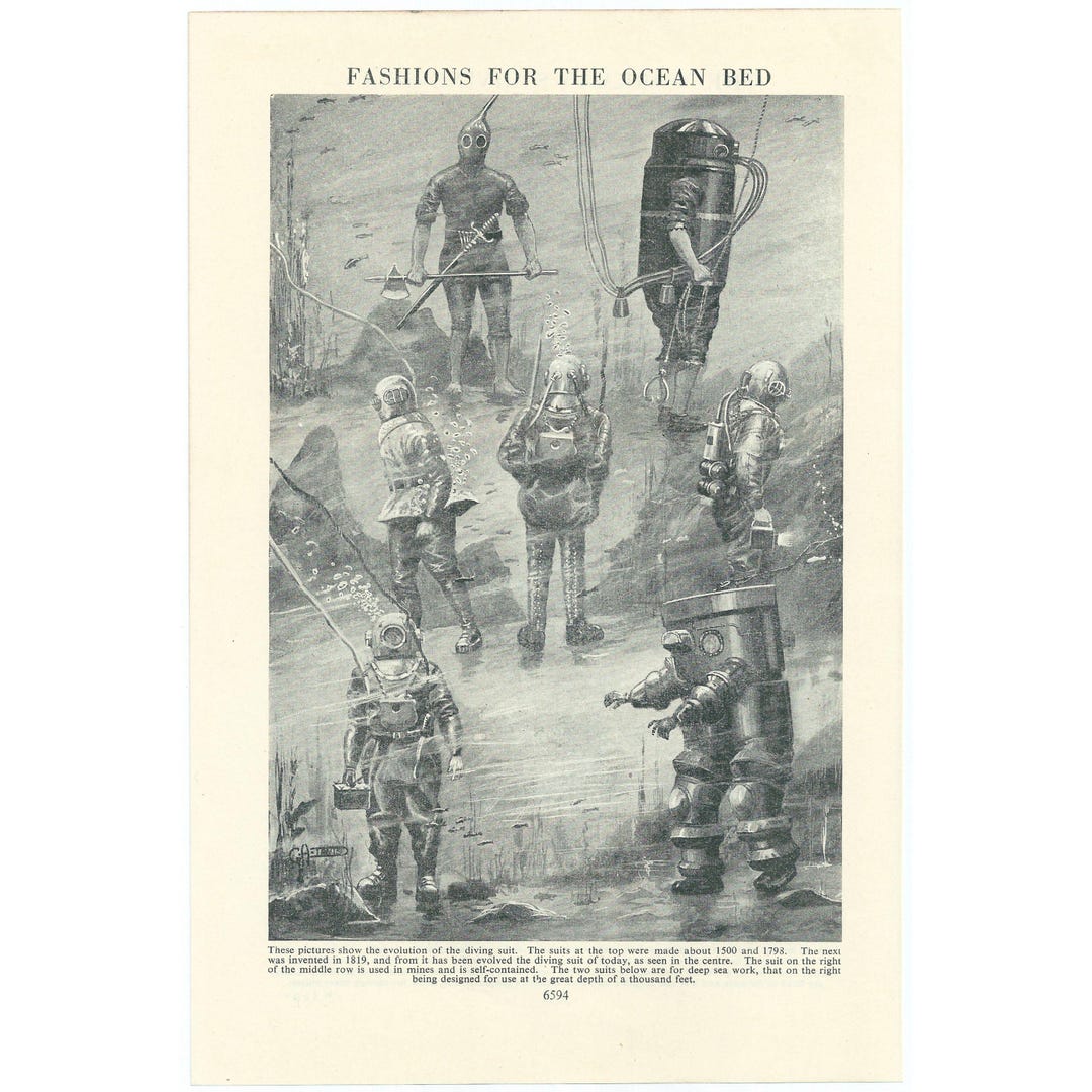Vintage 1950's Deep Sea Diving Print. Genuine Original Lithograph Book ...