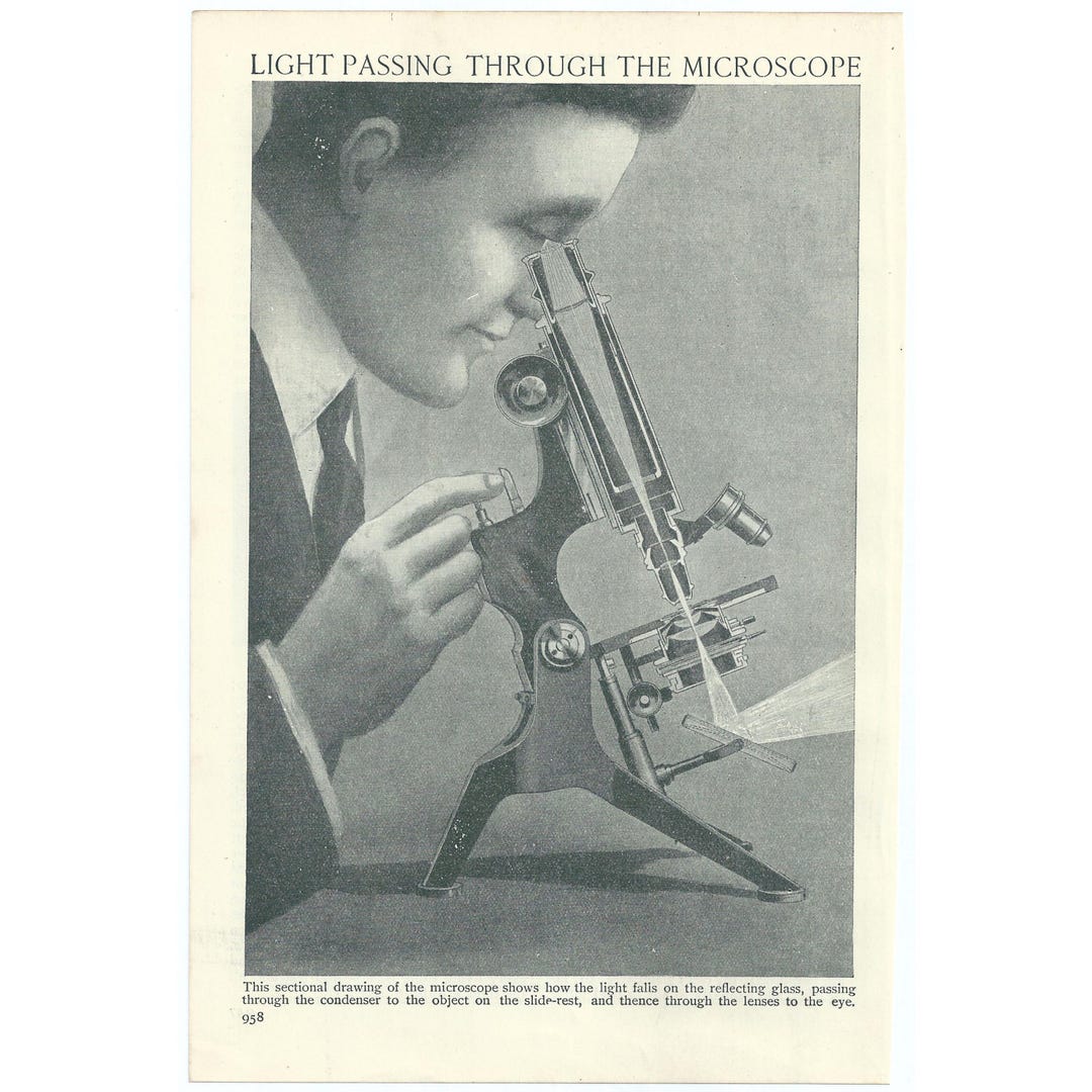 Man Looking Through A Microscope 1910s Antique Print. Science Gift Art ...