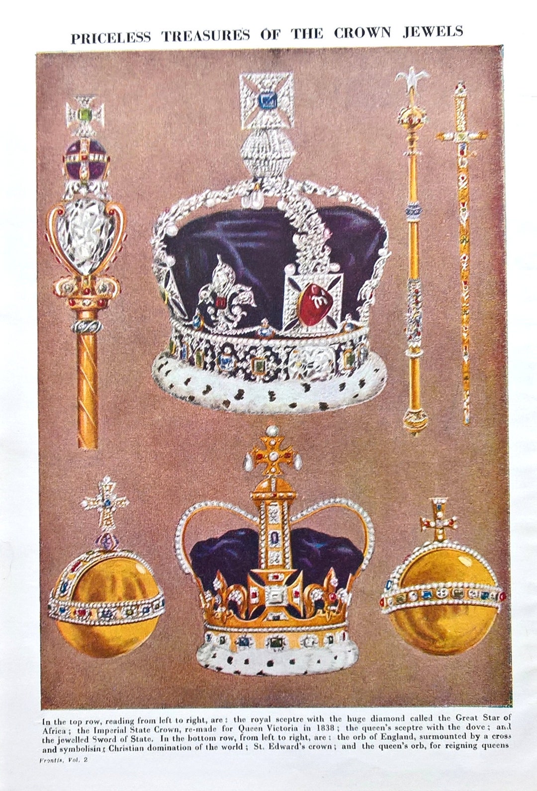 Vintage 1950s Crown Jewels Colour Lithograph Print. Crown Royal Sceptre ...