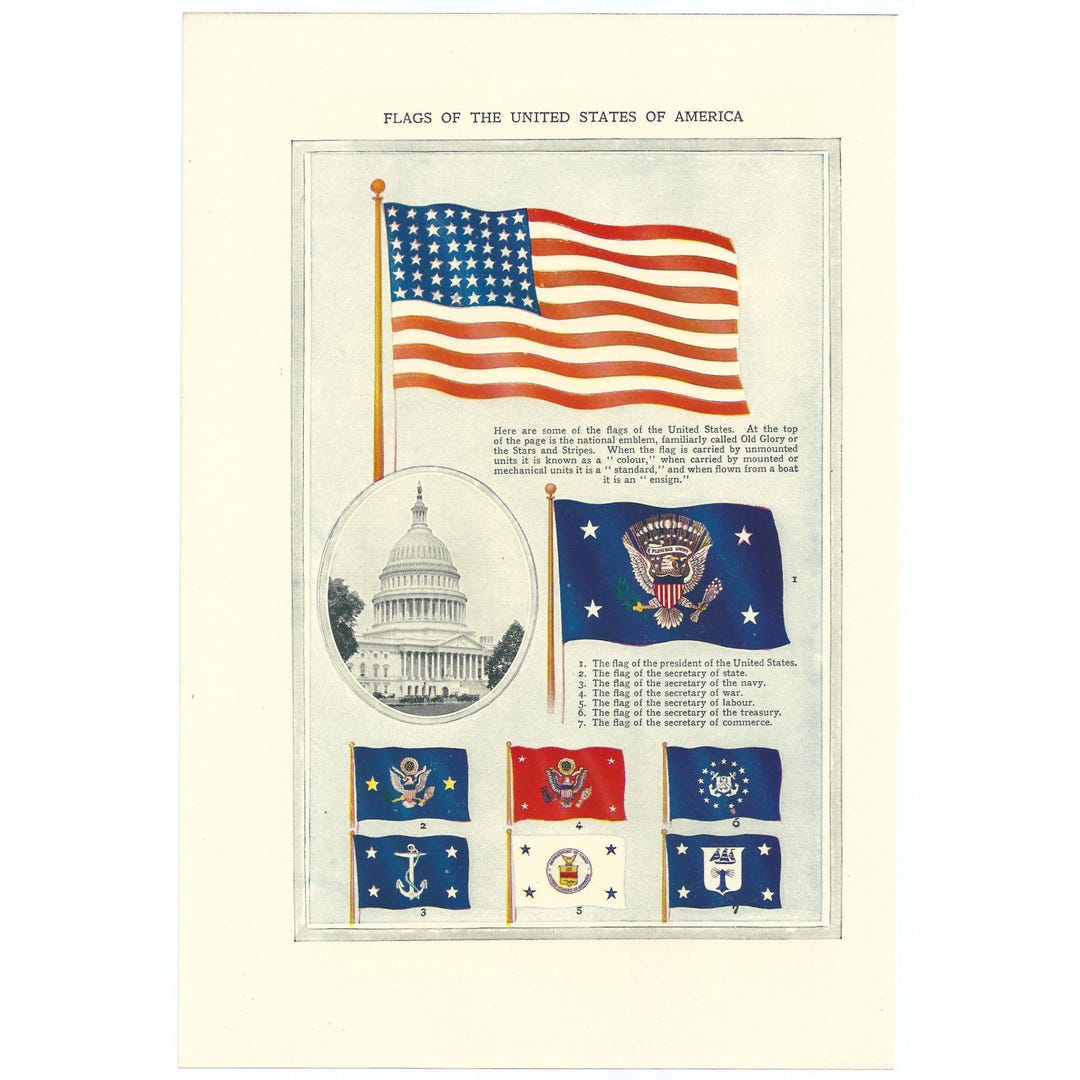 1930s Vintage American Flags Lithograph Print. Genuine Original Book ...