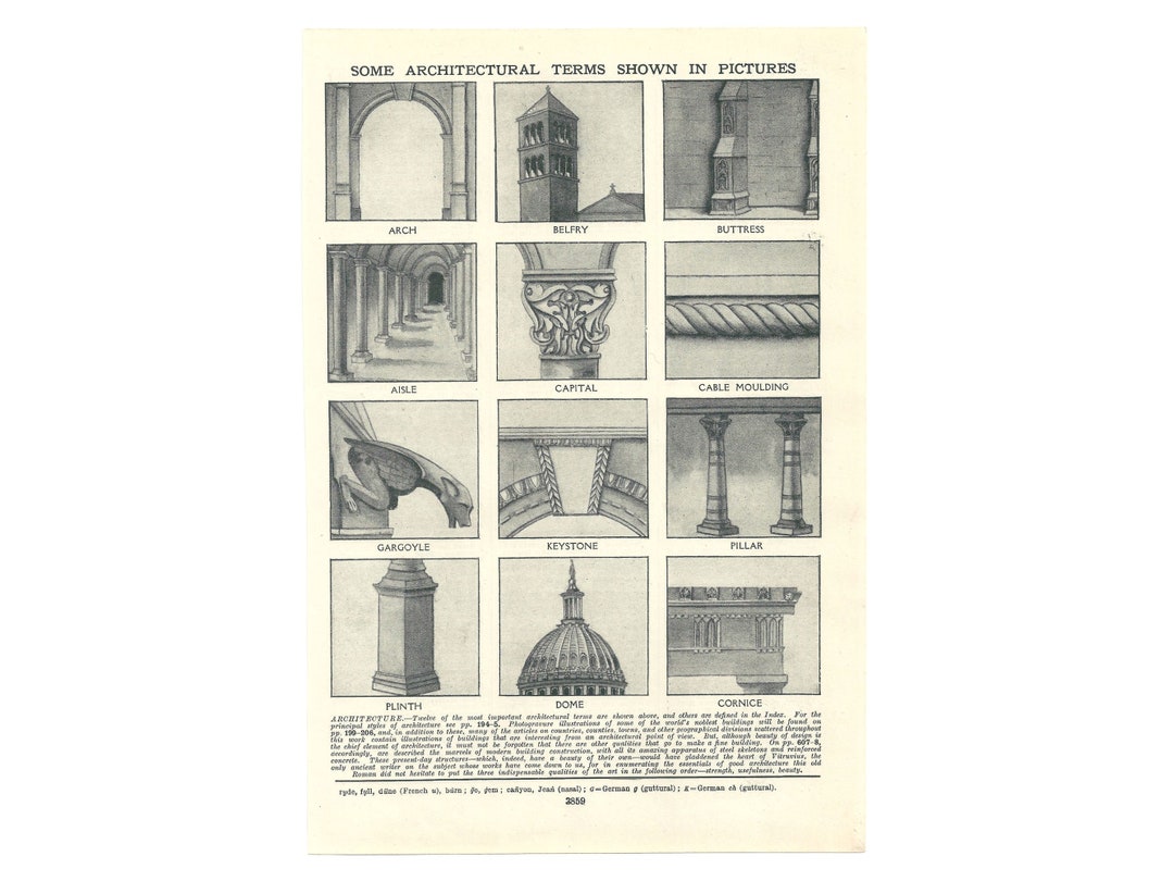 Vintage 1920's Architecture Features Lithograph Print. Arch Belfry ...