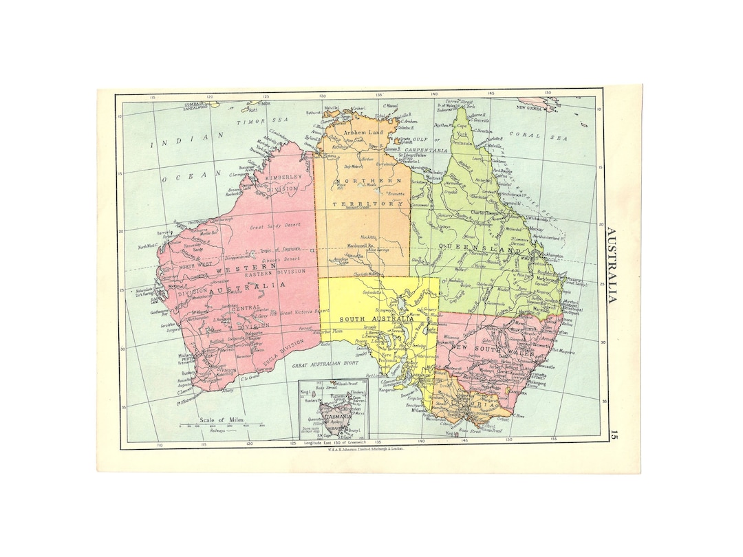 Vintage 1950s Map Print of Australia. Genuine Original Lithograph Book ...