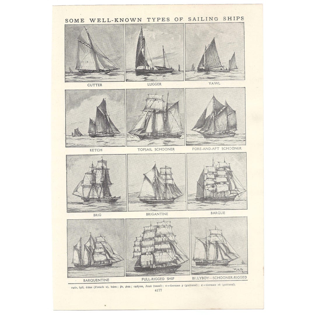 1920's Vintage Sailing Ships Print. Genuine Original Lithograph Book ...