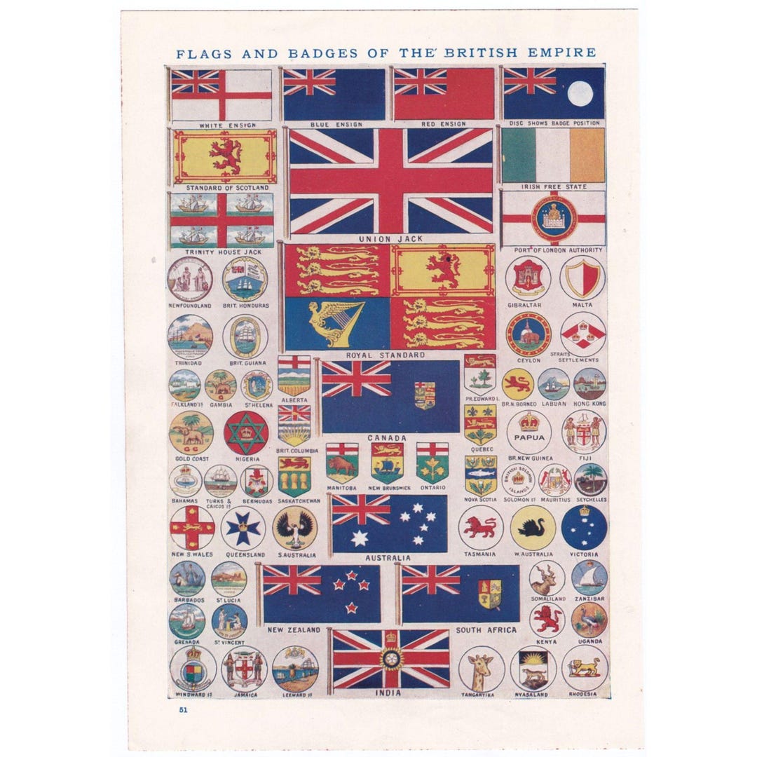 British Empire Flags and Badges Vintage 1920's Print. Genuine Original ...