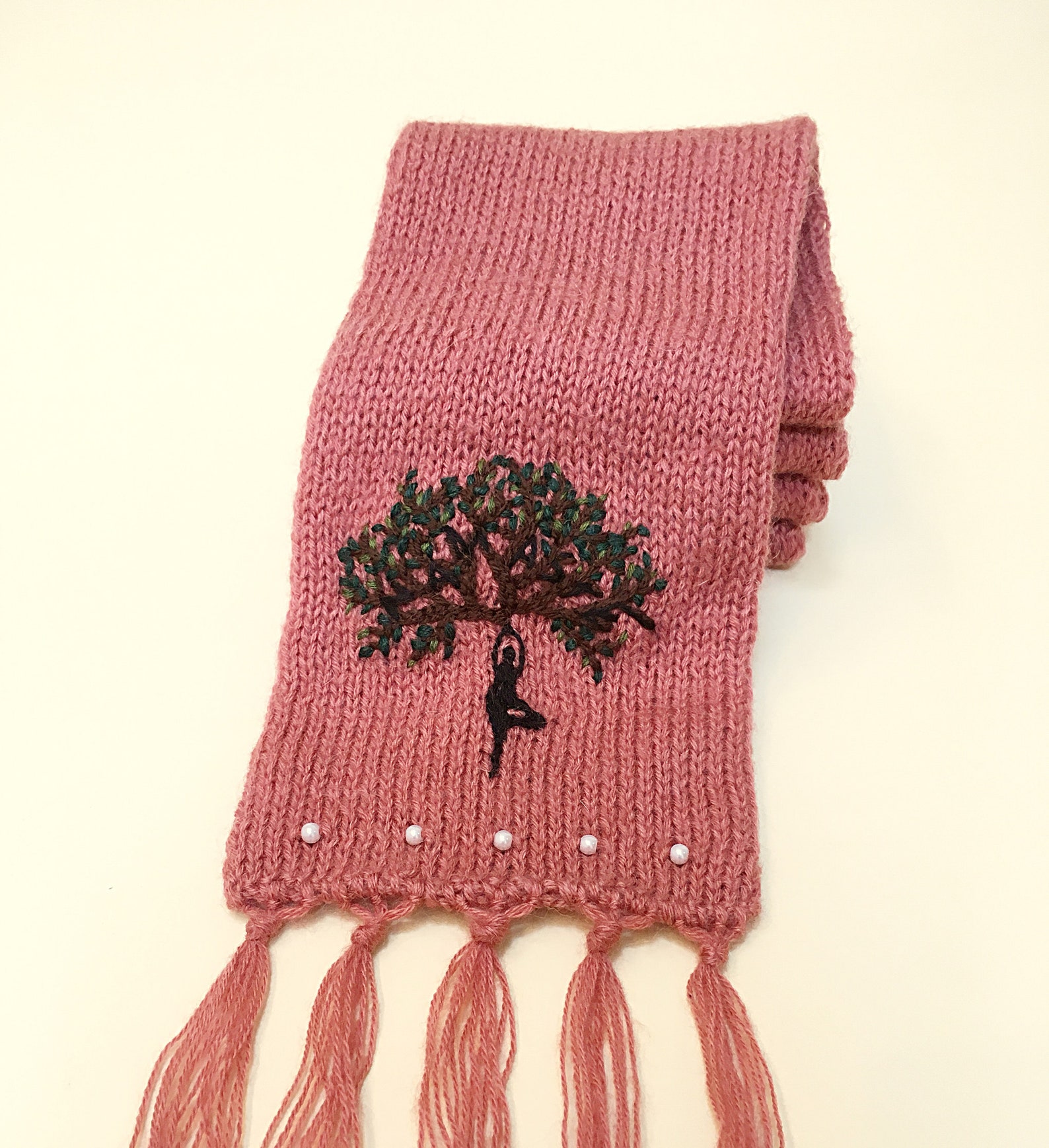 Woman's Tree of Life Yoga Scarf, Mohair Scarf, Dark Pink, Hand Knit ...