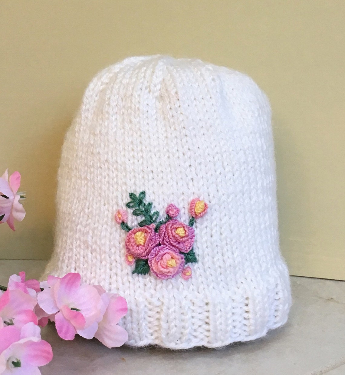 Baby Girl Flower Hat Knit and Embroidered Pink Roses Baby - Etsy