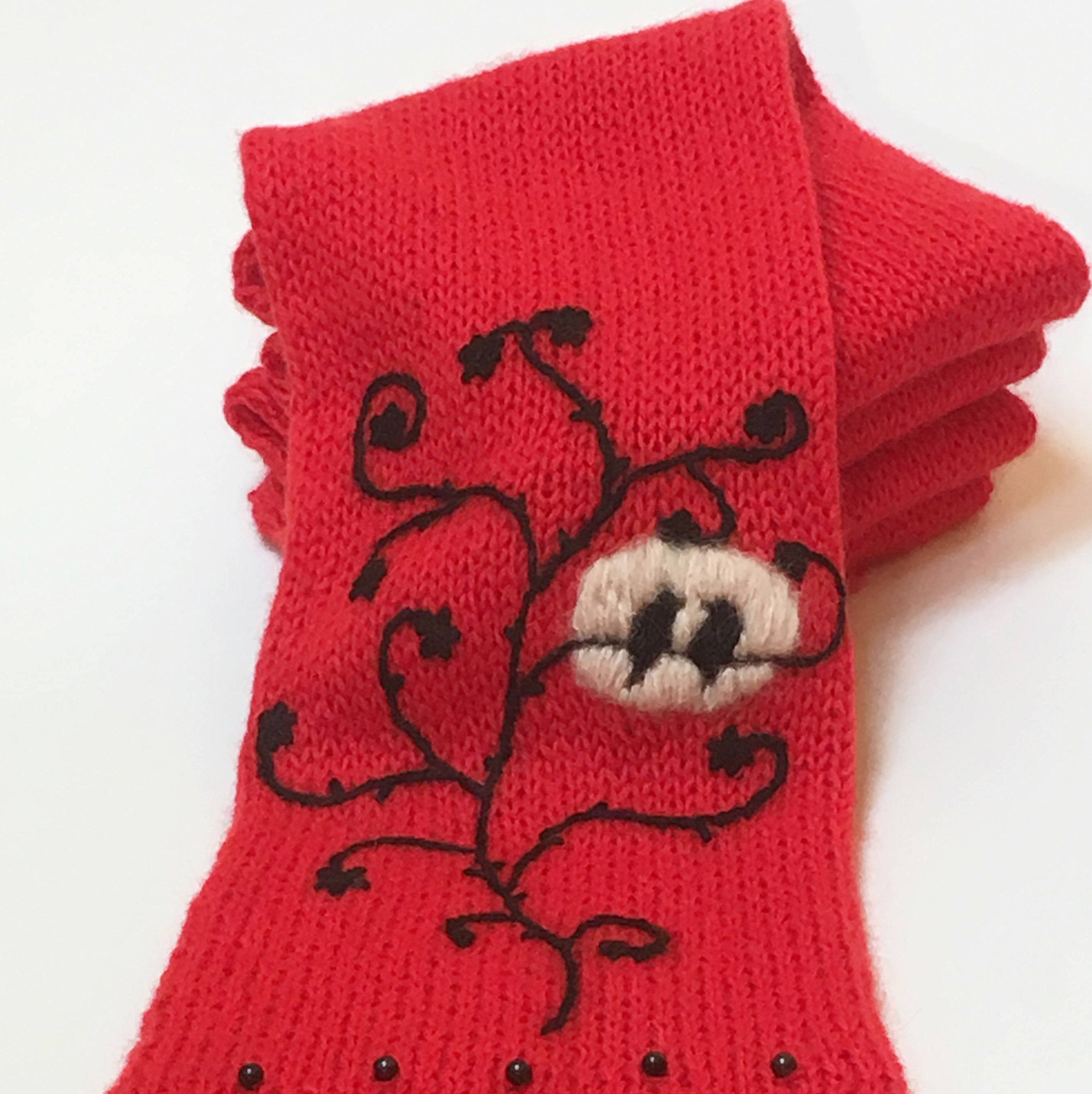 Women's Red Knit Scarf With Embroidered Vines and - Etsy