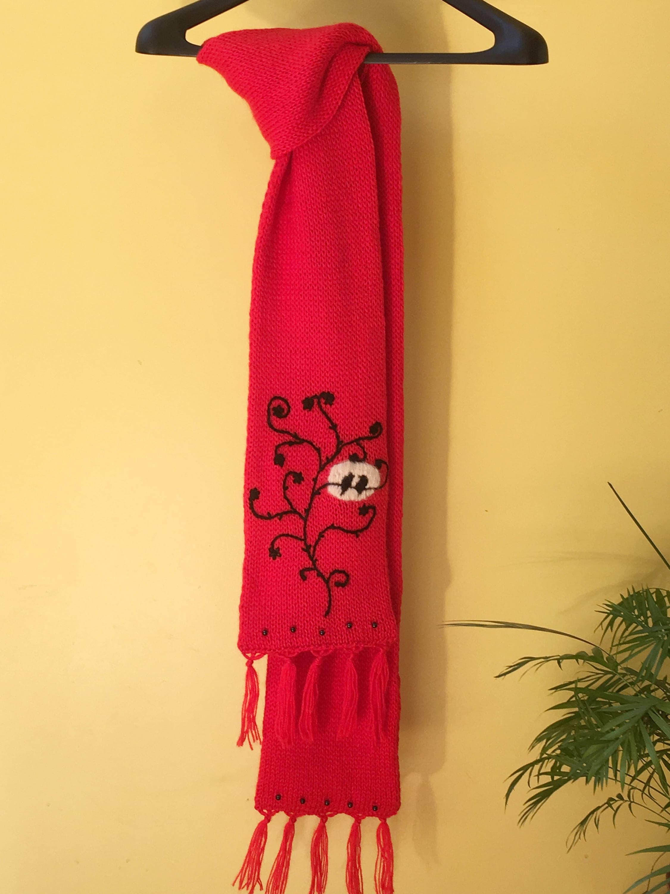 Women's Red Knit Scarf With Embroidered Vines and - Etsy
