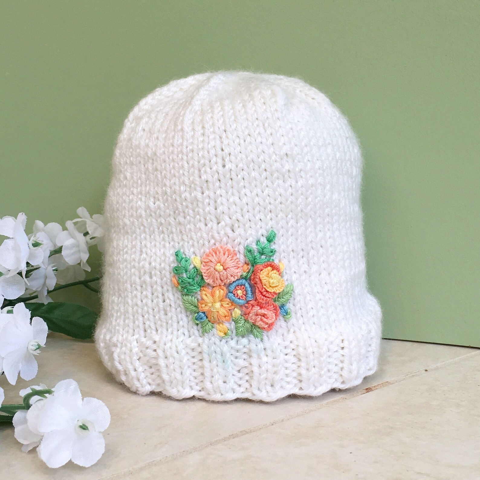 Baby Girl Flower Hat Knit and Embroidered, Newborn Floral Hat for Girl ...